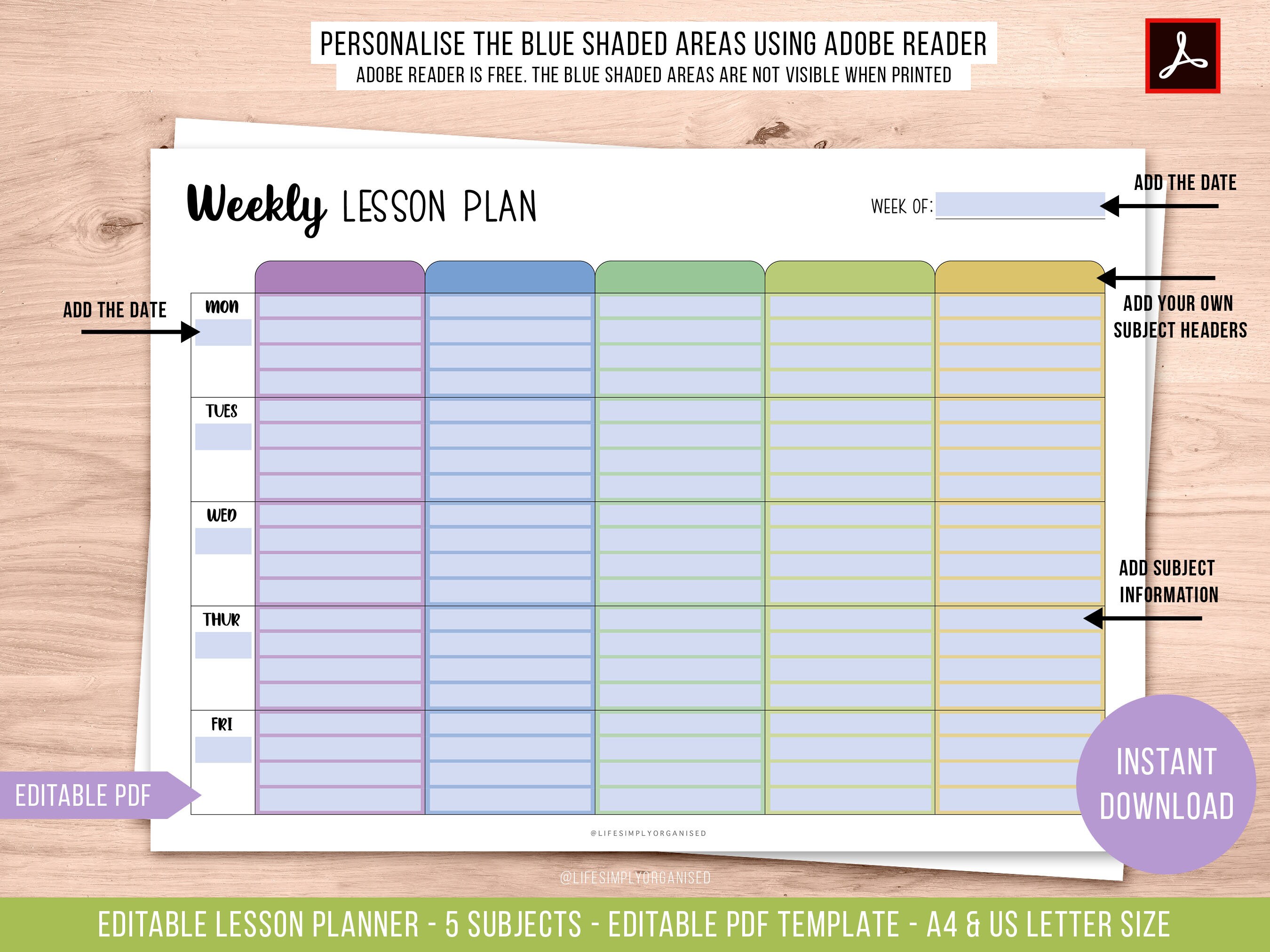 Printable Weekly Lesson Plan Editable Lesson Plan Lesson Plan Template ...