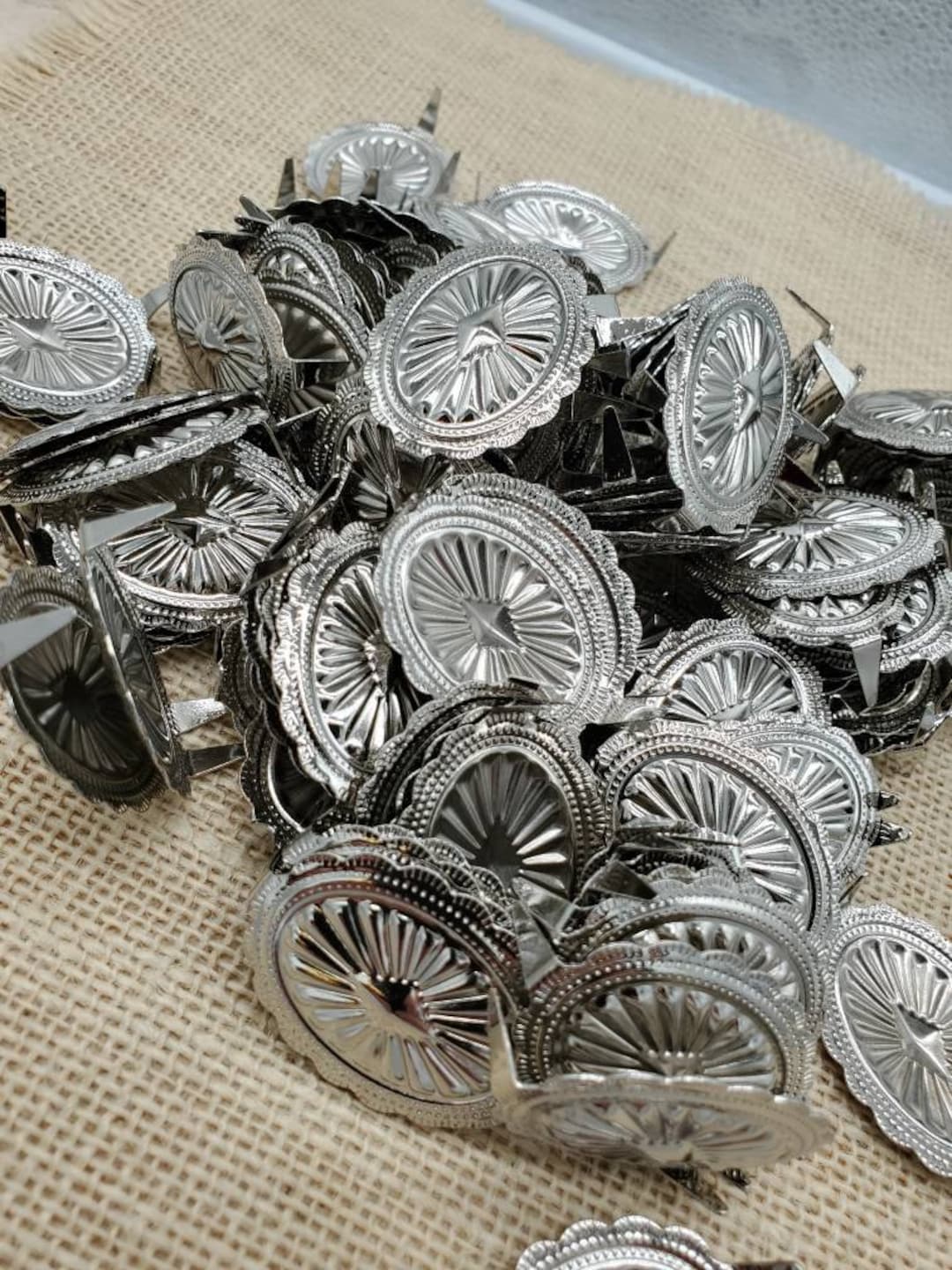 Large Silver Two Pronged Sunburst Oval Conchos (10 Pieces) - Etsy