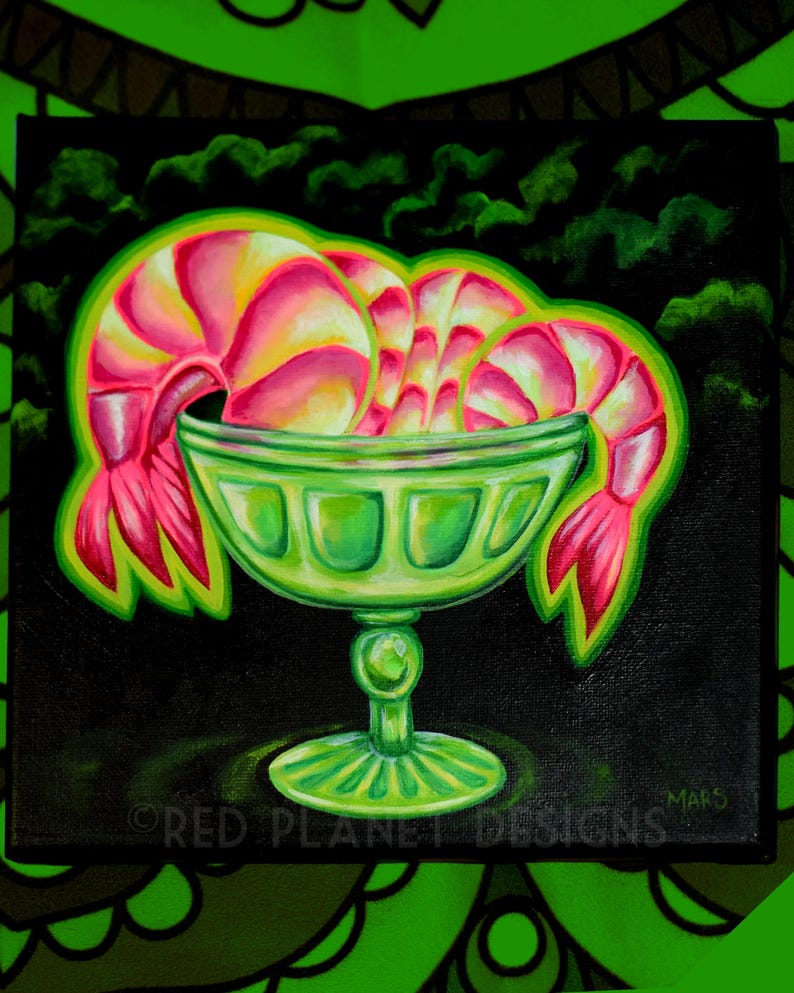 Radioactive Shrimp in Uranium Glass Painting: Original Acrylic ...