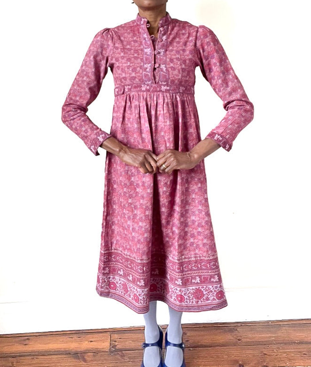 Ritu Kumar Vintage Indian Block Print Cotton Dress - Empire Line - Pink ...