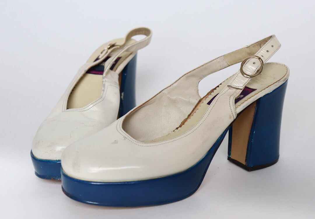 1970s Vintage Platform Shoes White / Blue Gabor Fit 38 / - Etsy