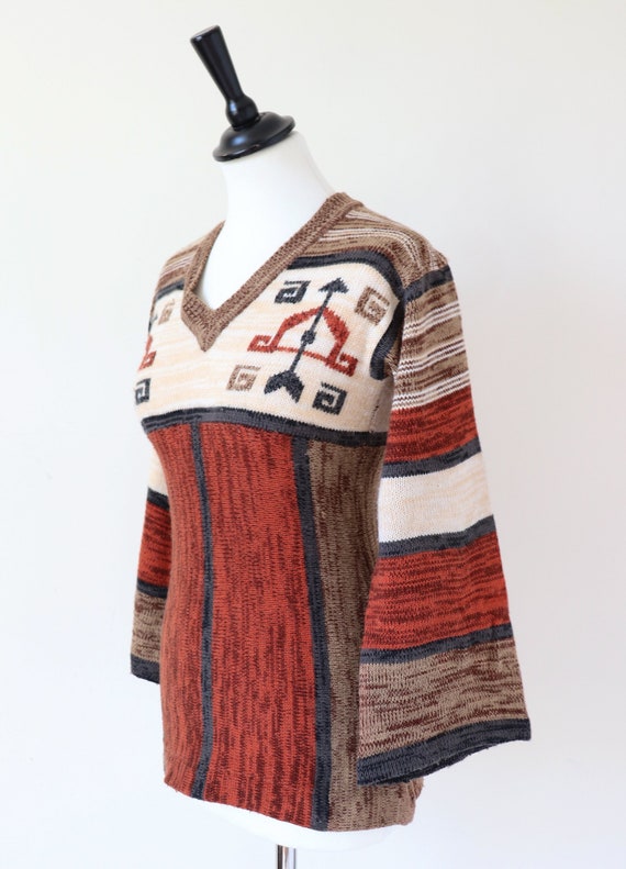 Original 1970s Vintage Tunic Top - Brown Patterned Ac… - Gem