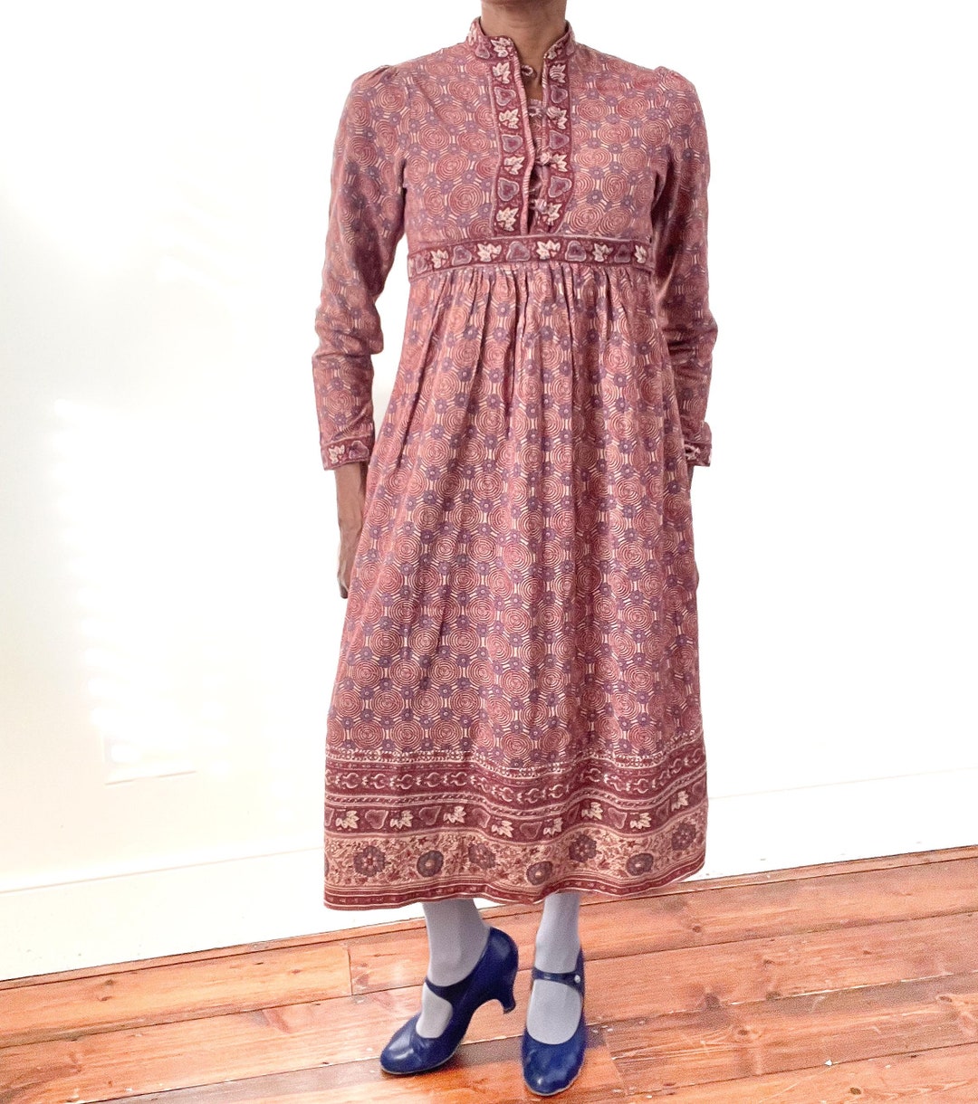 Ritu Kumar Vintage Block Print Cotton Dress - Empire Line - Brown - S ...