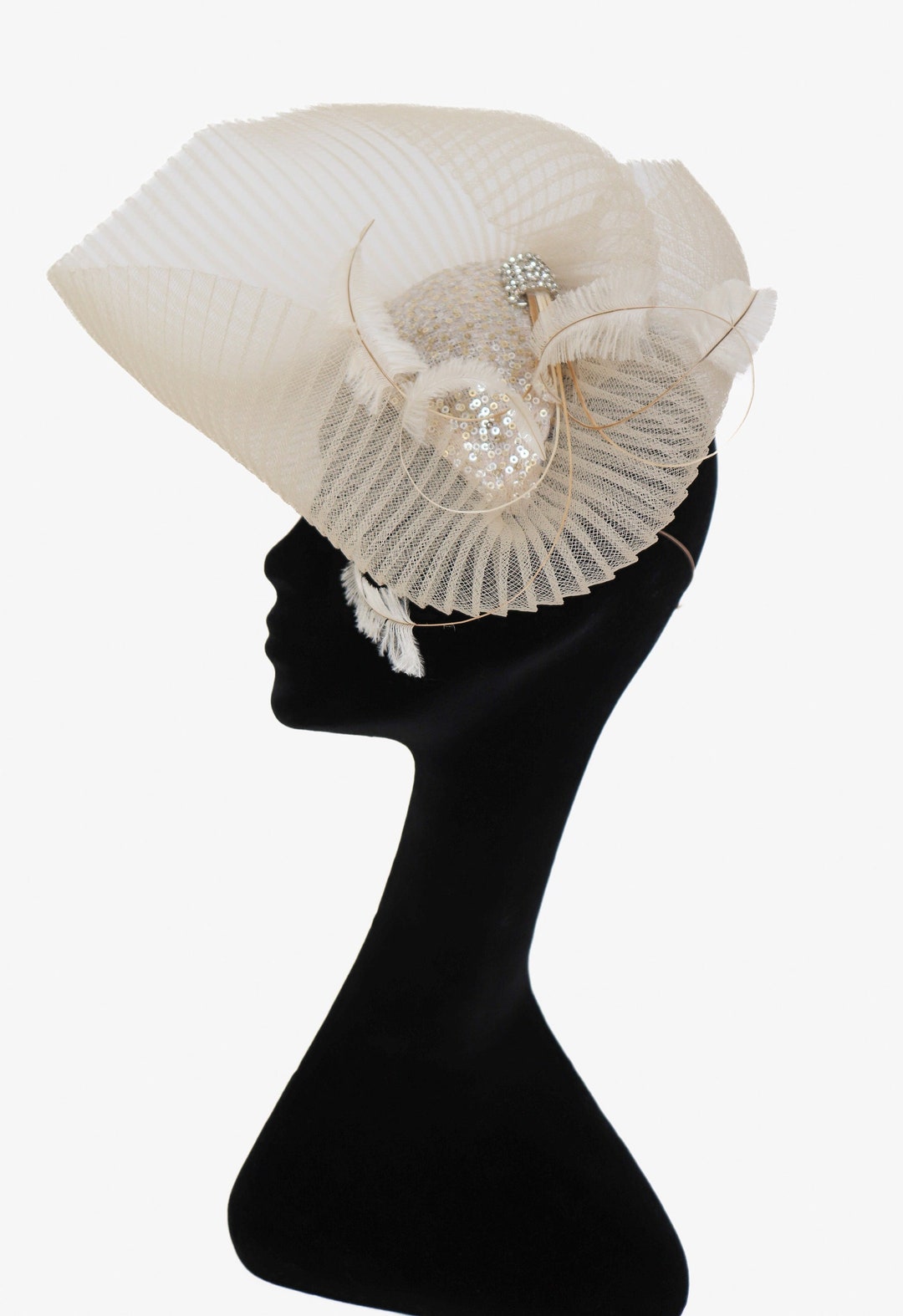 Nerida Fraiman Fascinator Hat - Ascot - Sequins / Feathers - Cream - Etsy
