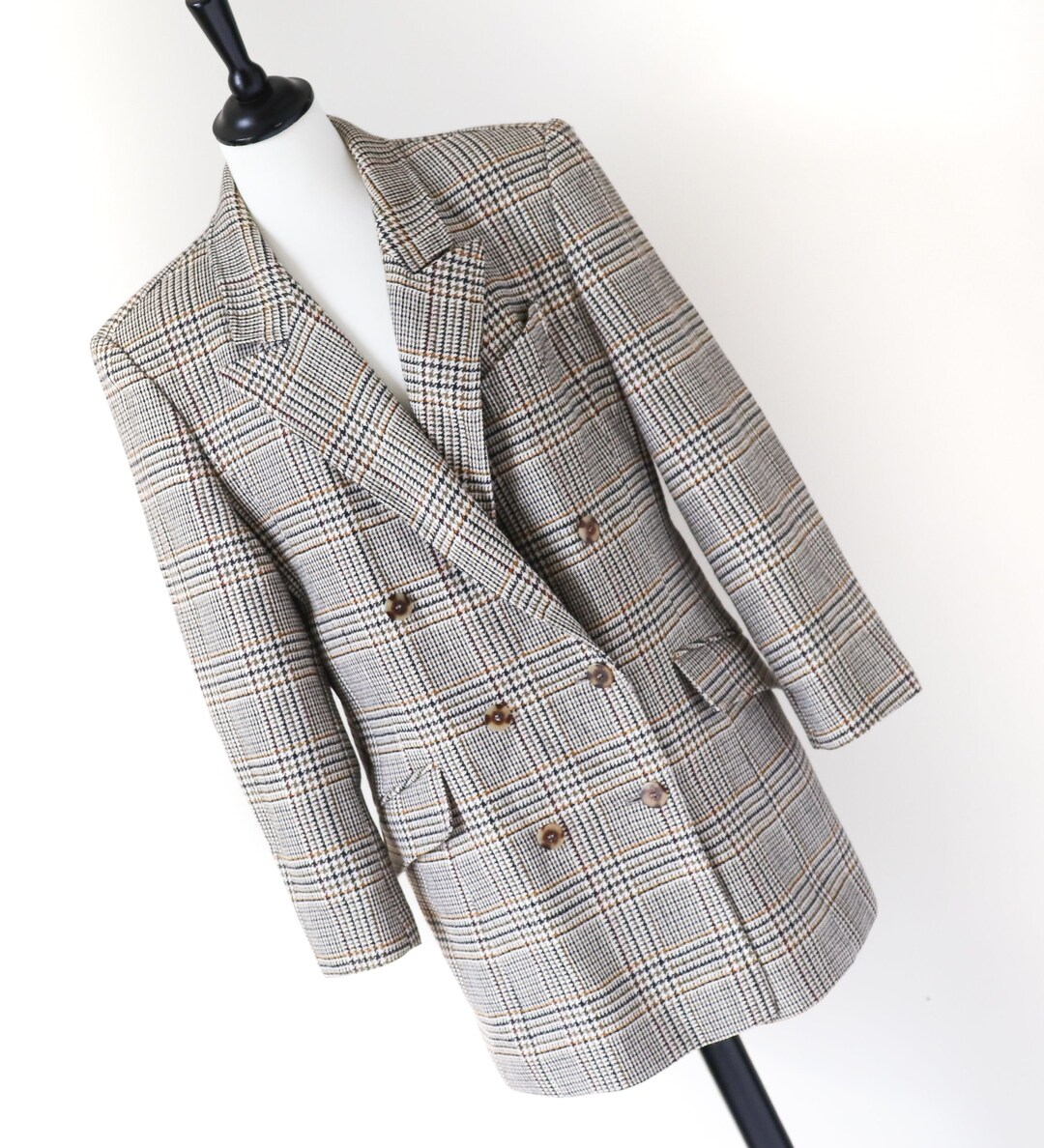 Checked Wool Blazer- Vintage - Cream / Brown Check - L / UK 14 - Etsy