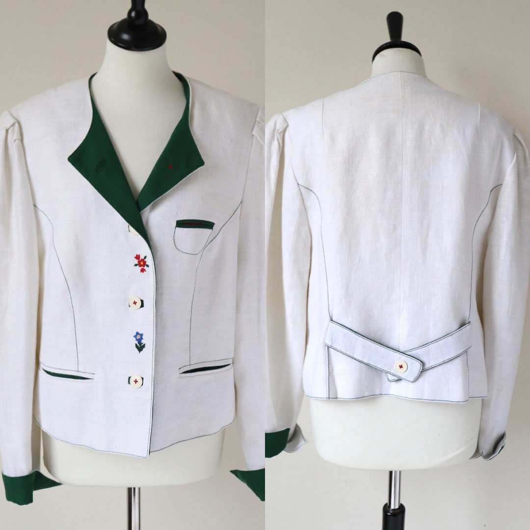 Tirol Trachten Jacket - Vintage 1980s - Ivory Cream Linen - Perry - L ...