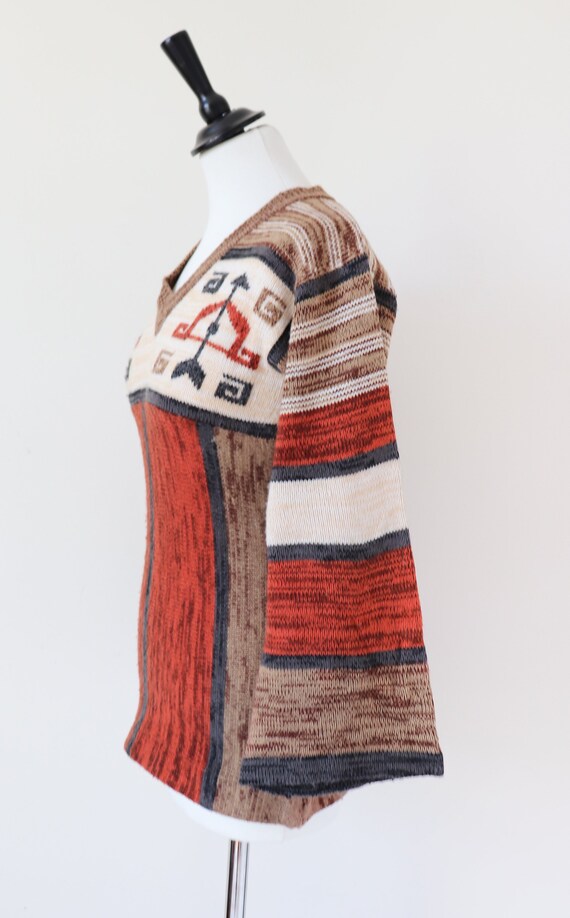 Original 1970s Vintage Tunic Top - Brown Patterned Ac… - Gem