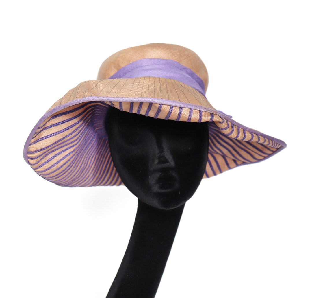 Vintage Wide Brim Mouldable Sun Hat - 1960s - Striped Lilac / Beige - S ...