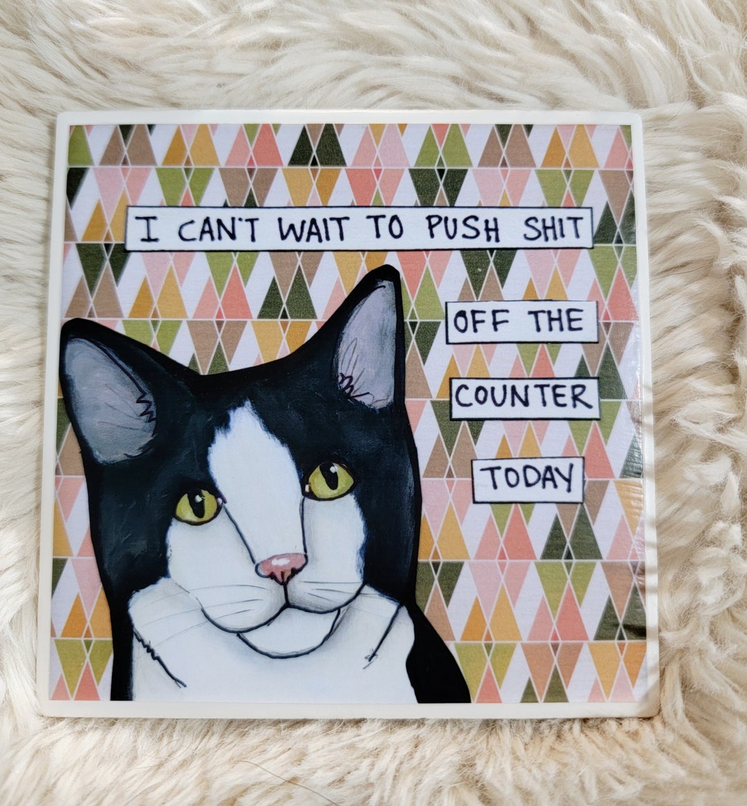 Push Shit Cat Decorative Coaster Tile - Etsy