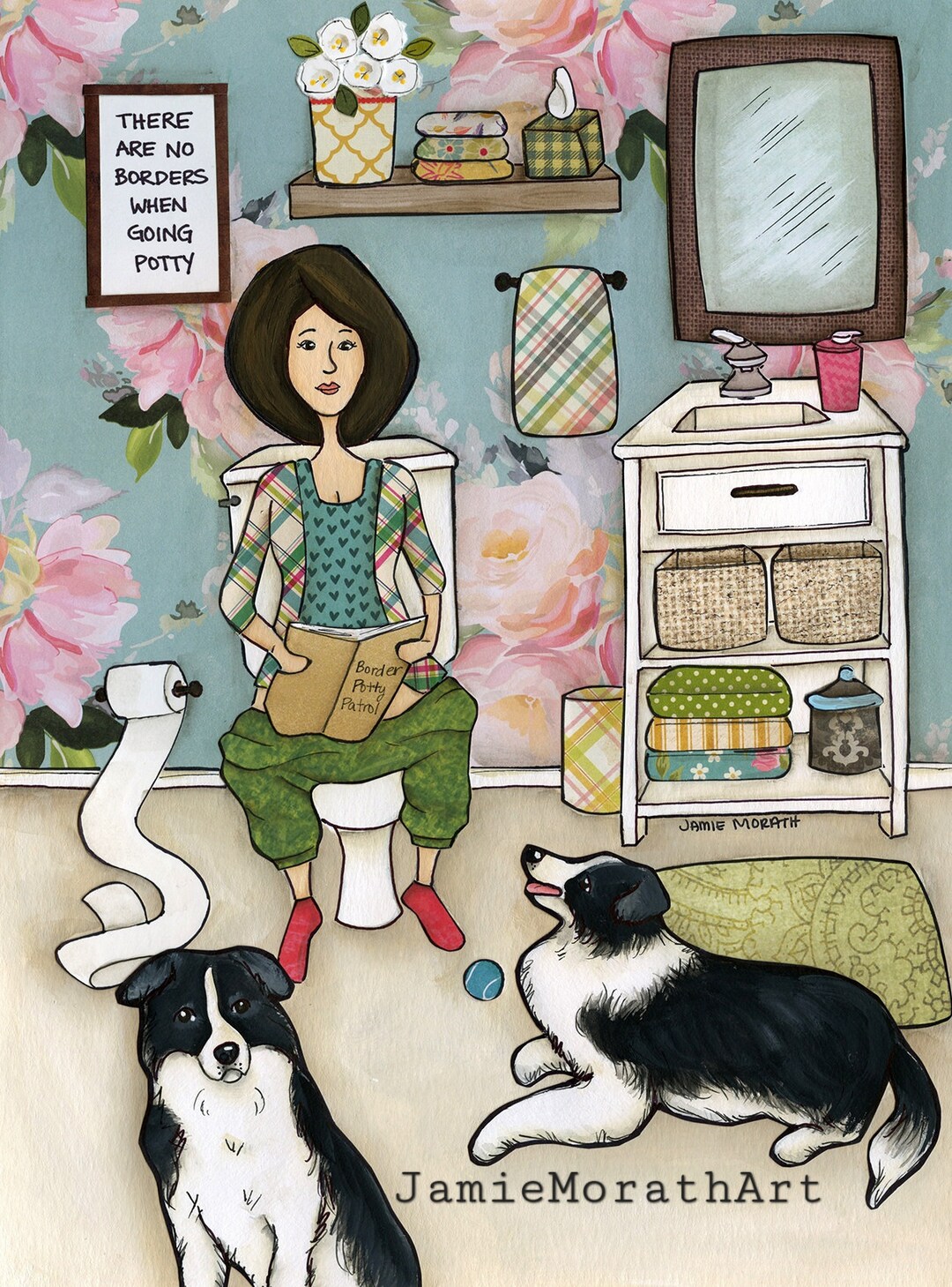 ORIGINAL PAINTING Potty Borders, Border Collie Dog ORIGINAL Mixed Media ...