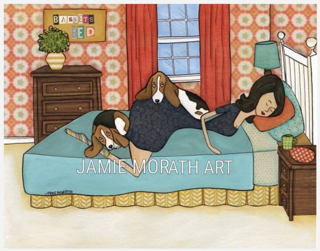 Basset's Bed, Basset Hound laying in bed, hogging bed, available in art ...