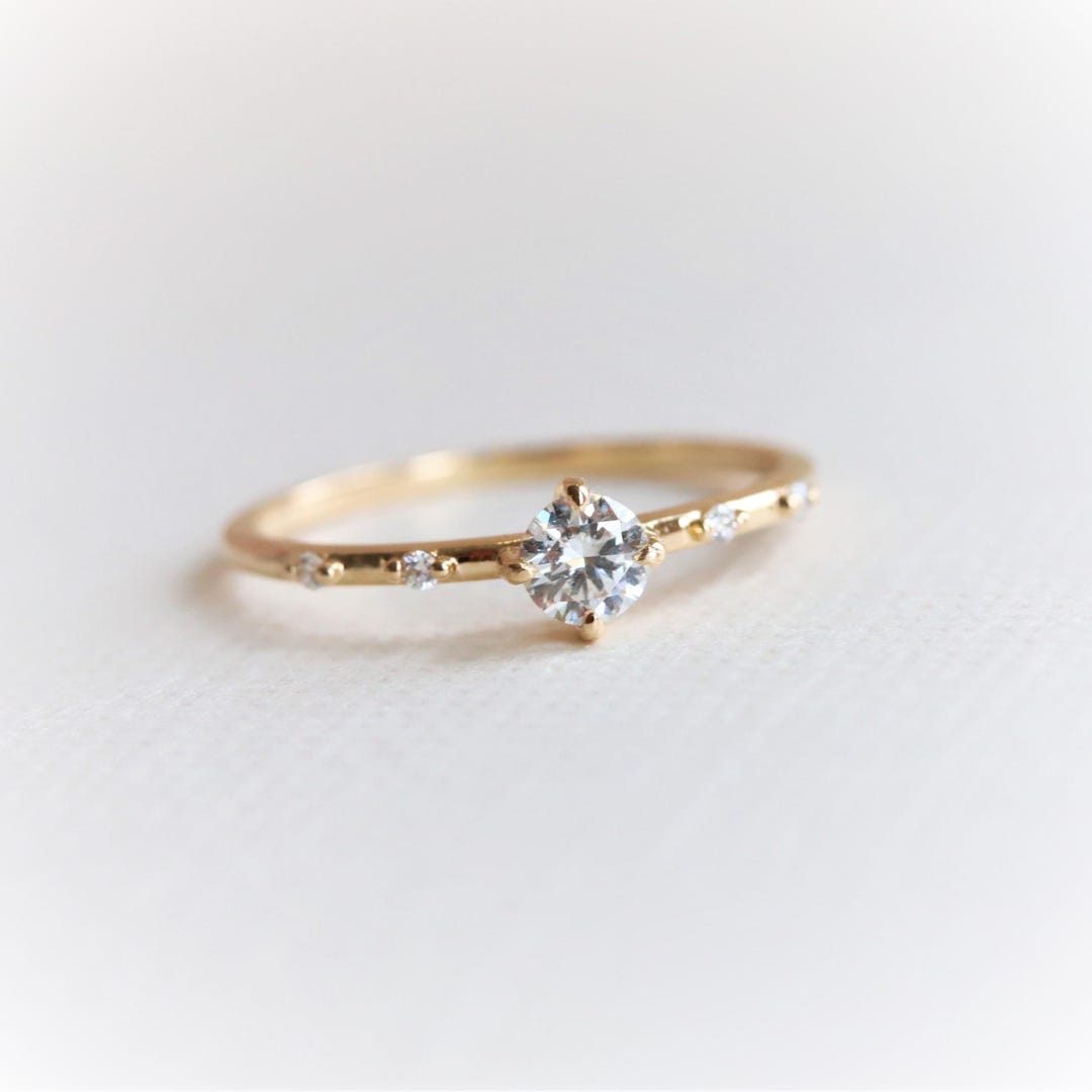 Aurora| 4 Mm Round Moissanite Diamond Accented Ring, Diamond Stacking ...