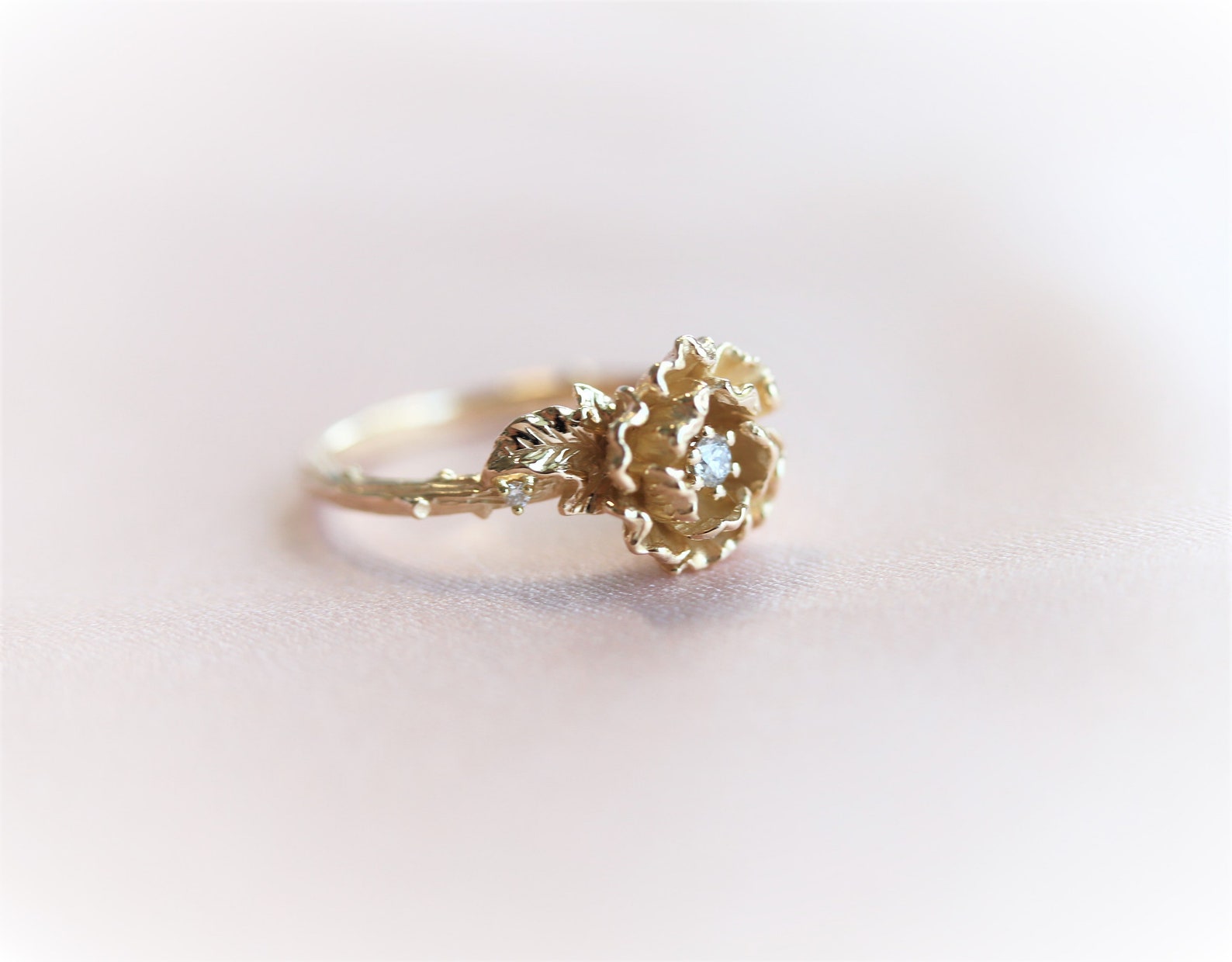 Peony No.1 14k Diamond Peony Ring Solid 14k Gold Flower - Etsy