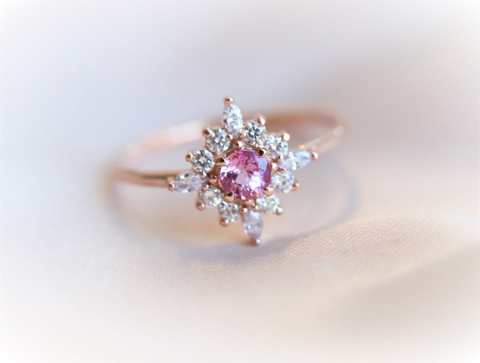 Skylar Pink Sapphire & Diamond Snowflake Halo Ring 14K - Etsy