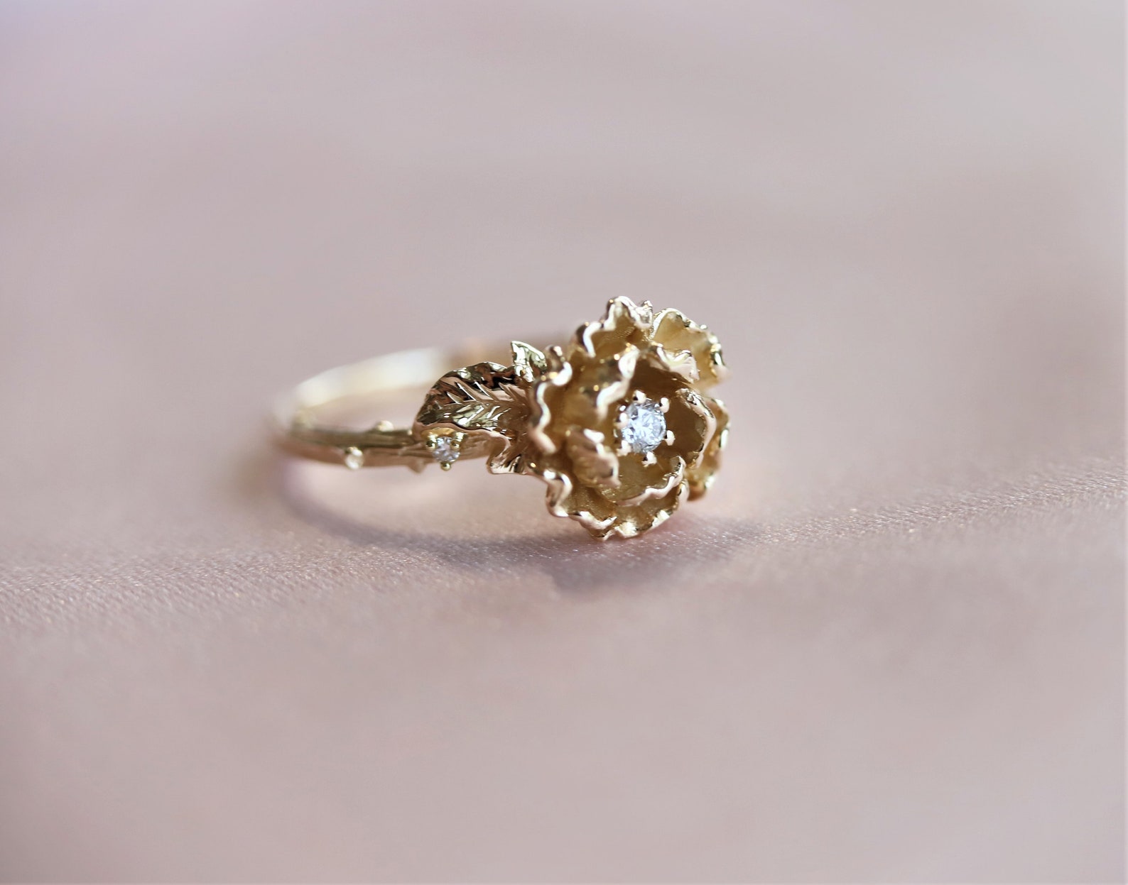Peony No.1 14k Diamond Peony Ring Solid 14k Gold Flower - Etsy