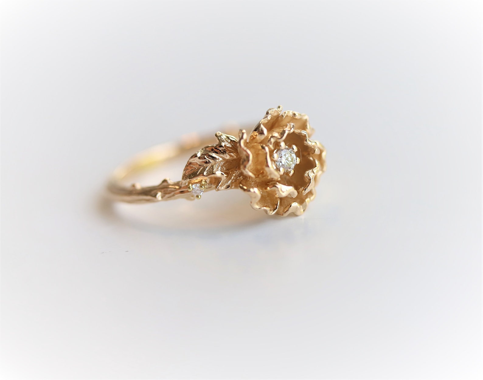 Peony No.1 14k Diamond Peony Ring Solid 14k Gold Flower - Etsy