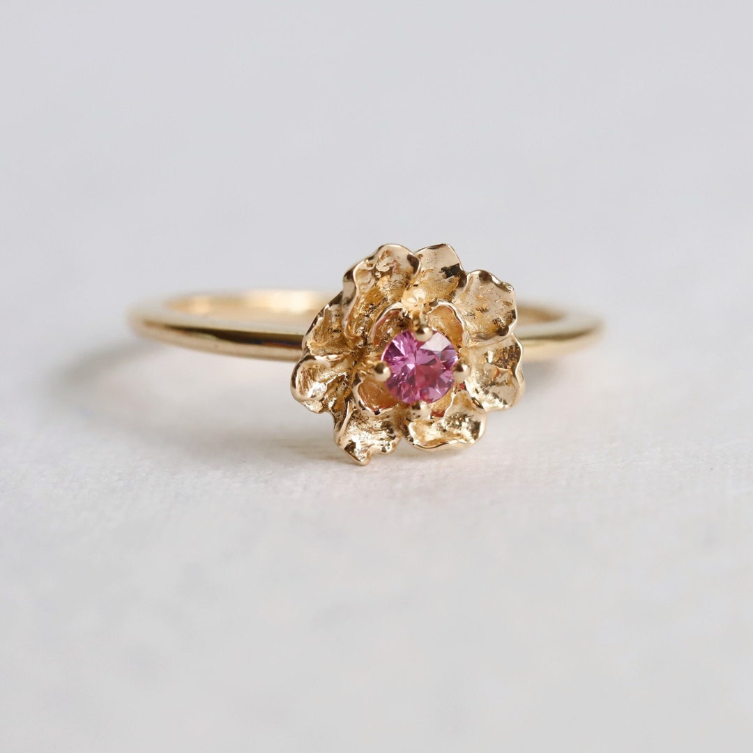 Peony No.2 | Pink Sapphire Stackable Ring, Gold Flower Ring, Pink ...