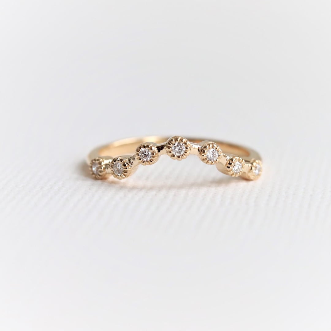 Carrie Band No.3 - 14K Gold Diamond Contour Band, Milgrain Dotted Band ...