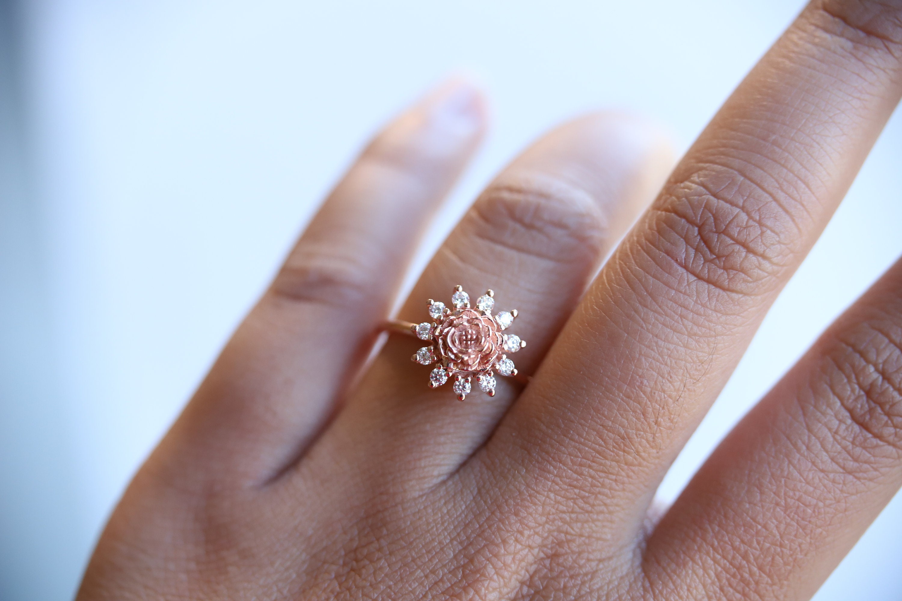 ROSE Halo Ring Diamond Rose Ring 14k Gold Flower Ring | Etsy