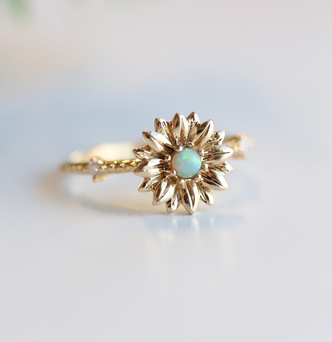 Sunflower | Australian Opal Ring, Gold Sunflower Ring, Stacking ...