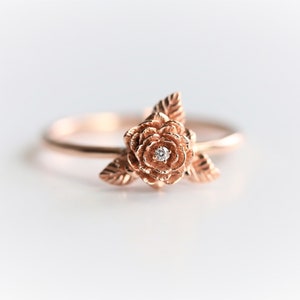 ROSE 14K Gold Diamond Rose Ring Solid 14k Gold Flower Ring Rose Ring ...