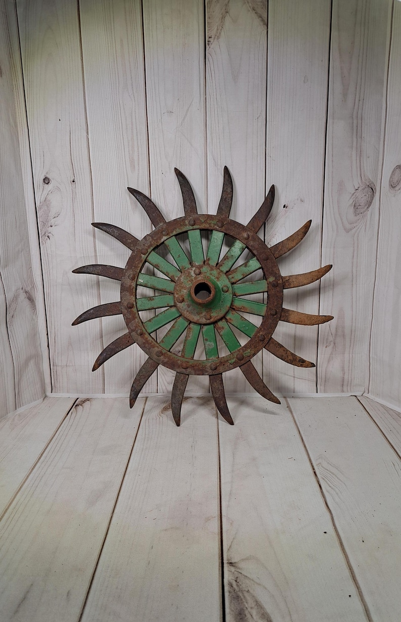 Vintage Green Rusted Steel Wheel Cultivator / Steampunk Wall Décor ...