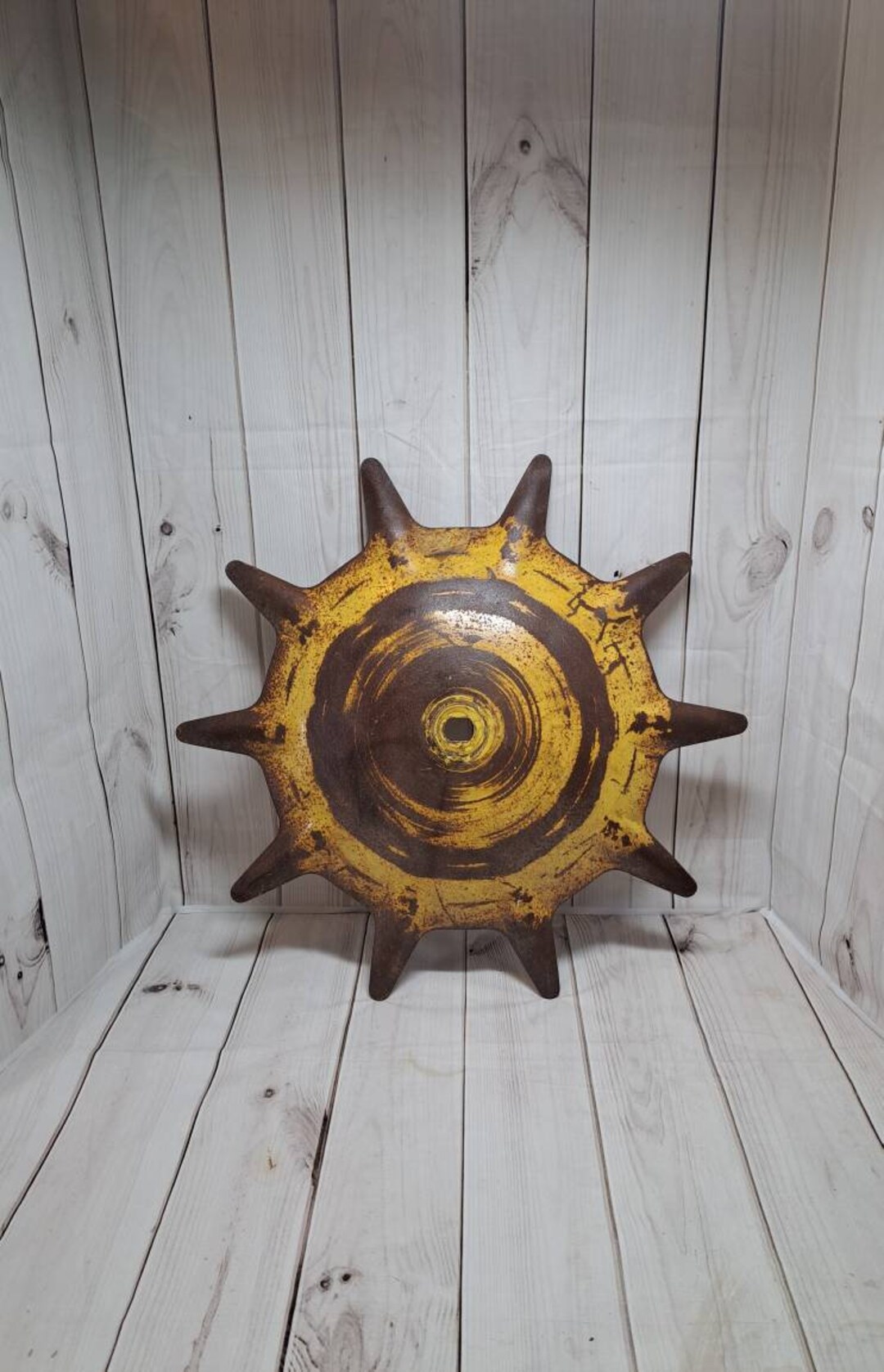 Vintage Yellow Rusted Steel Wheel Cultivator / Steampunk Wall Décor ...