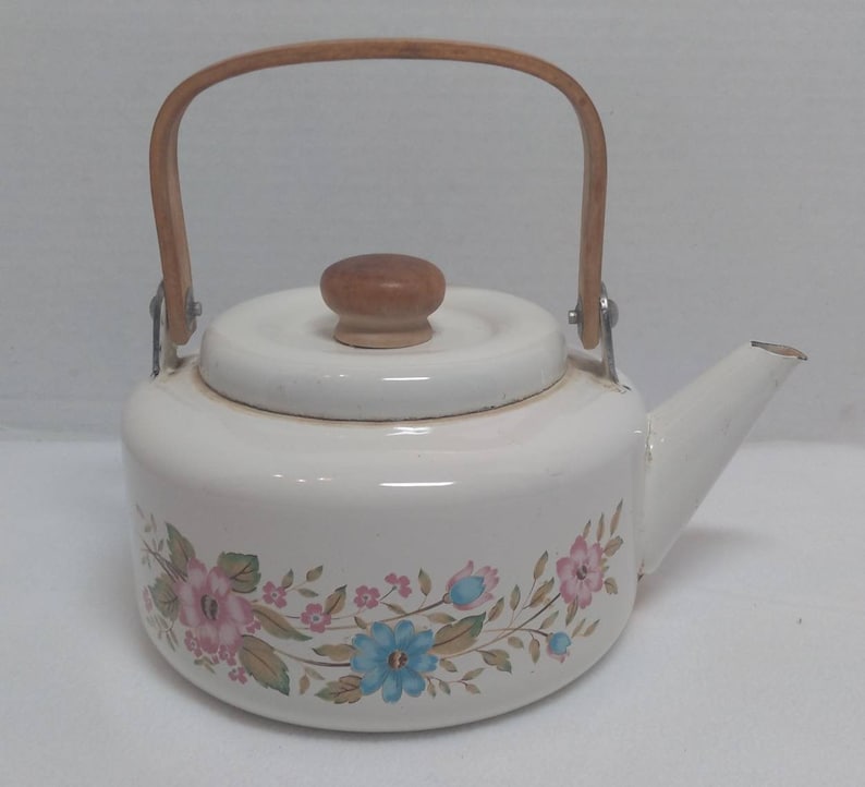 Vintage Enamel Teapot / White and Floral Kettle Enamelware - Etsy