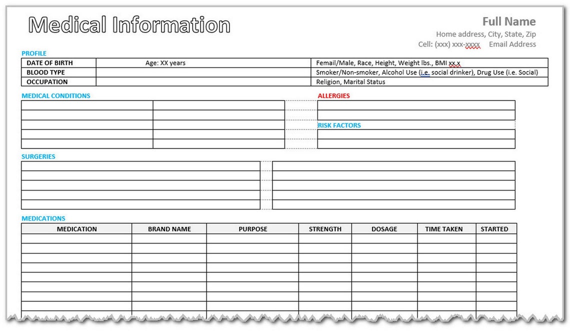 Medical Information Template - Etsy