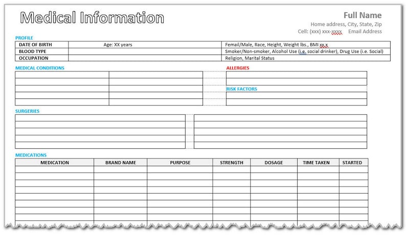 Medical Information Template - Etsy