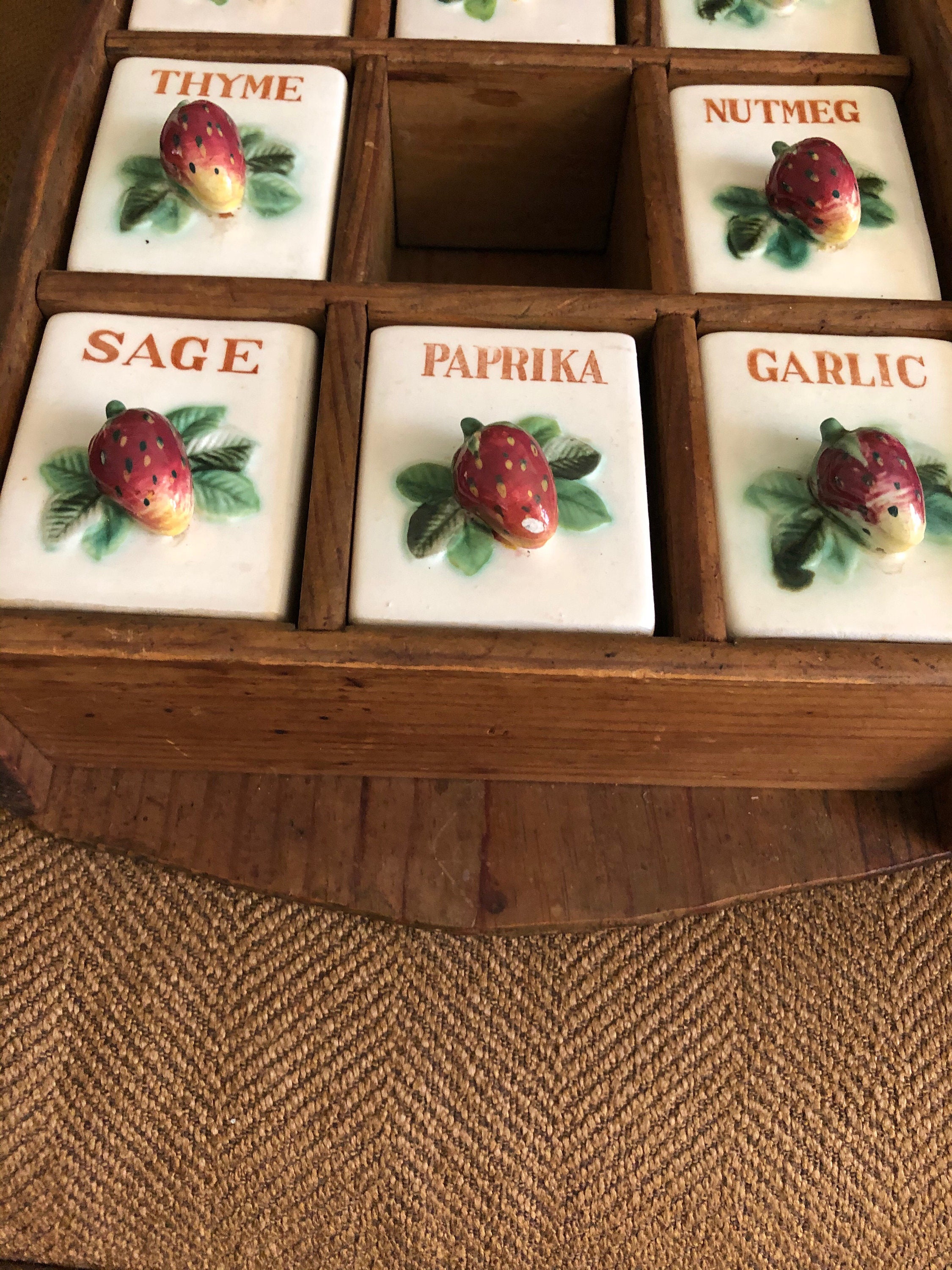 Mid-century Wood Spice Rack With Ceramic Drawers Strawberry Knobs ...