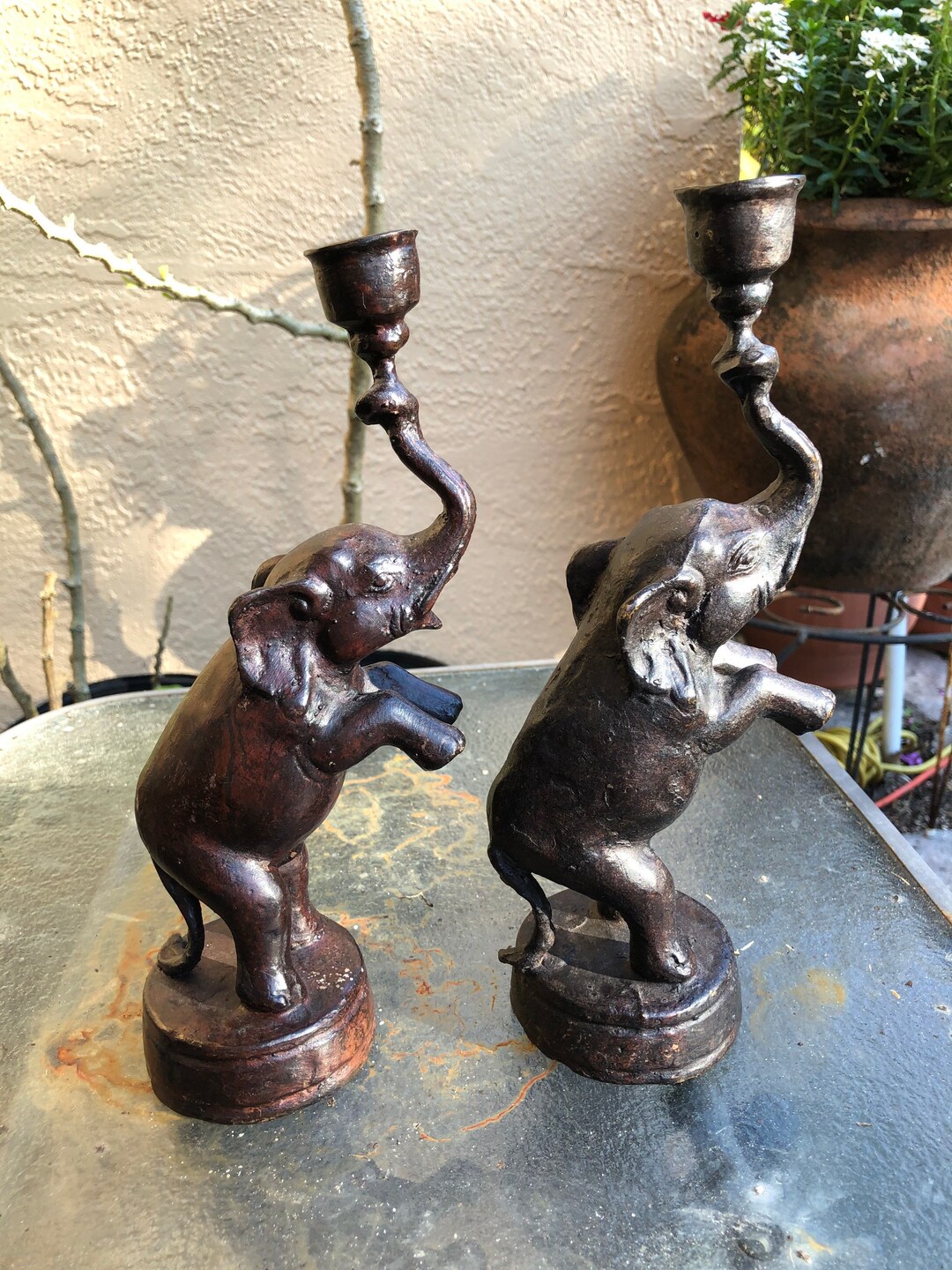 Antique Bronze Elephant Candlestick Holders Standing Trunks up Candle ...