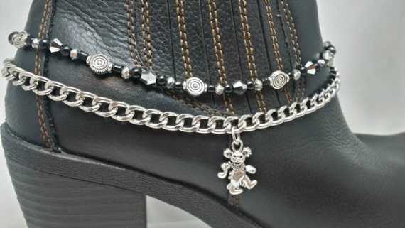 Boot Bling Anklet Bracelet Chain Black Silver Crystal Glass Beads Grateful Dead Head Bear Charm Ankle Bootie Biker Hippie Cowgirl Jewelry Etsy