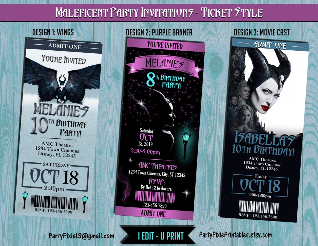 Maleficent Ticket Style Party Invitations - Personalized & Printable ...