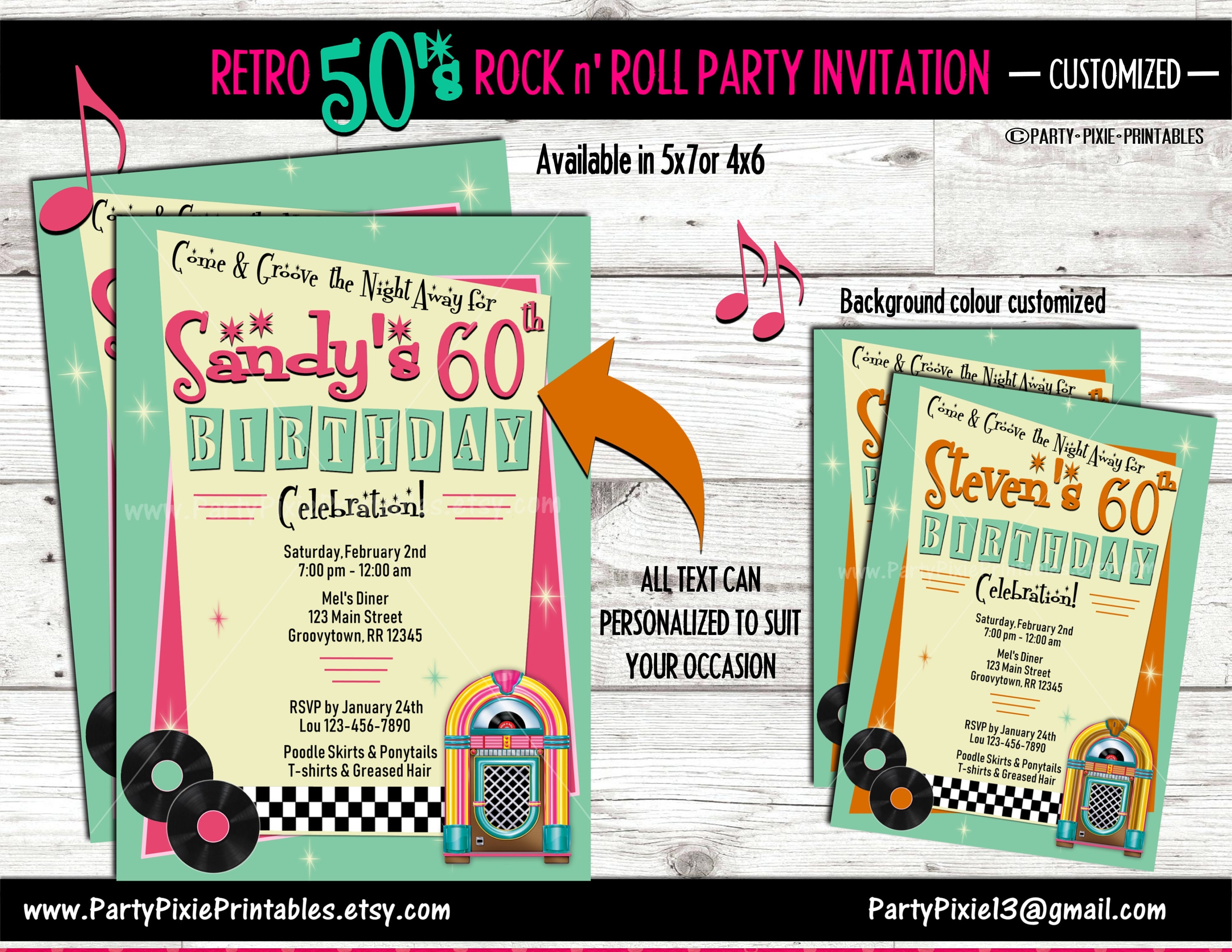 Retro 50's Vintage Rock and Roll Party Invitation - Personalized and ...
