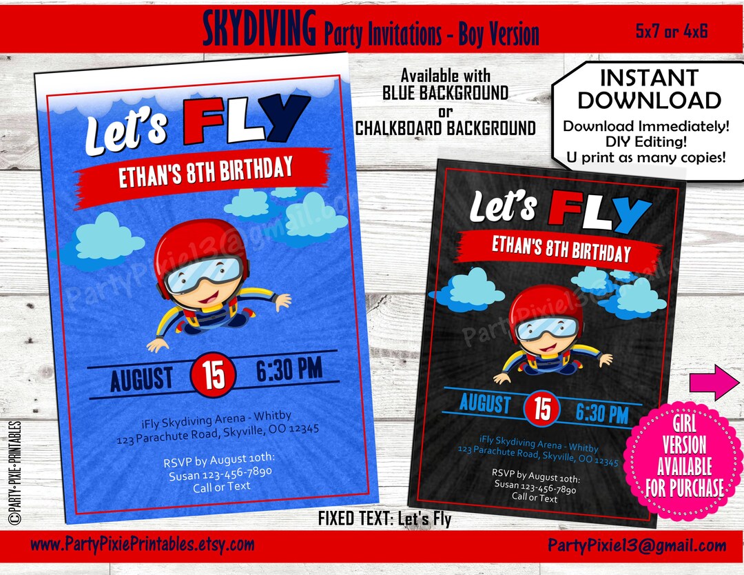 INSTANT DOWNLOAD Skydiving Indoor Outdoor Ifly Party Invitations - Boy ...
