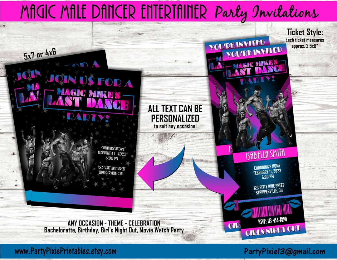 Magic Male Dancer Entertainer Mike Party Invitations - 5x7 4x6 or ...