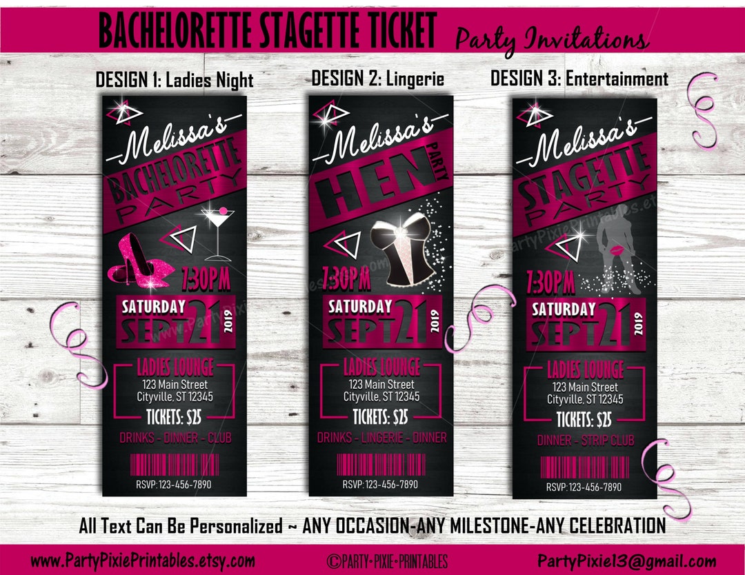 Bachelorette Stagette Hens Party Invitations - Ticket Style - Any ...