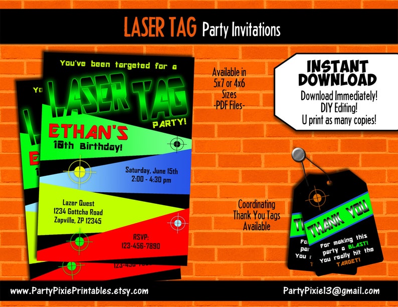 INSTANT DOWNLOAD Laser Tag Party Invitation, 5x7 or 4x6. Thank You Tags ...