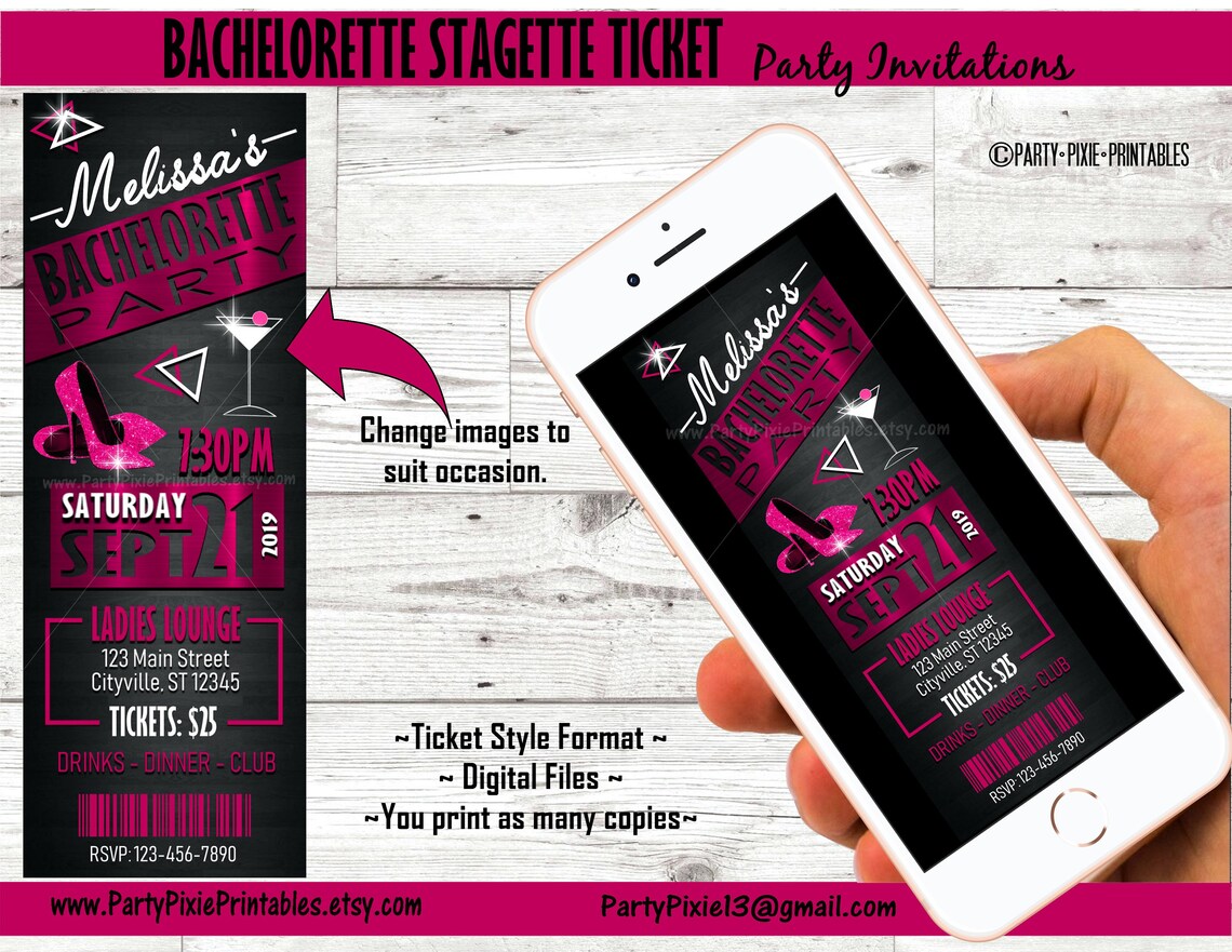 Bachelorette Stagette Hens Party Invitations - Ticket Style - Any ...