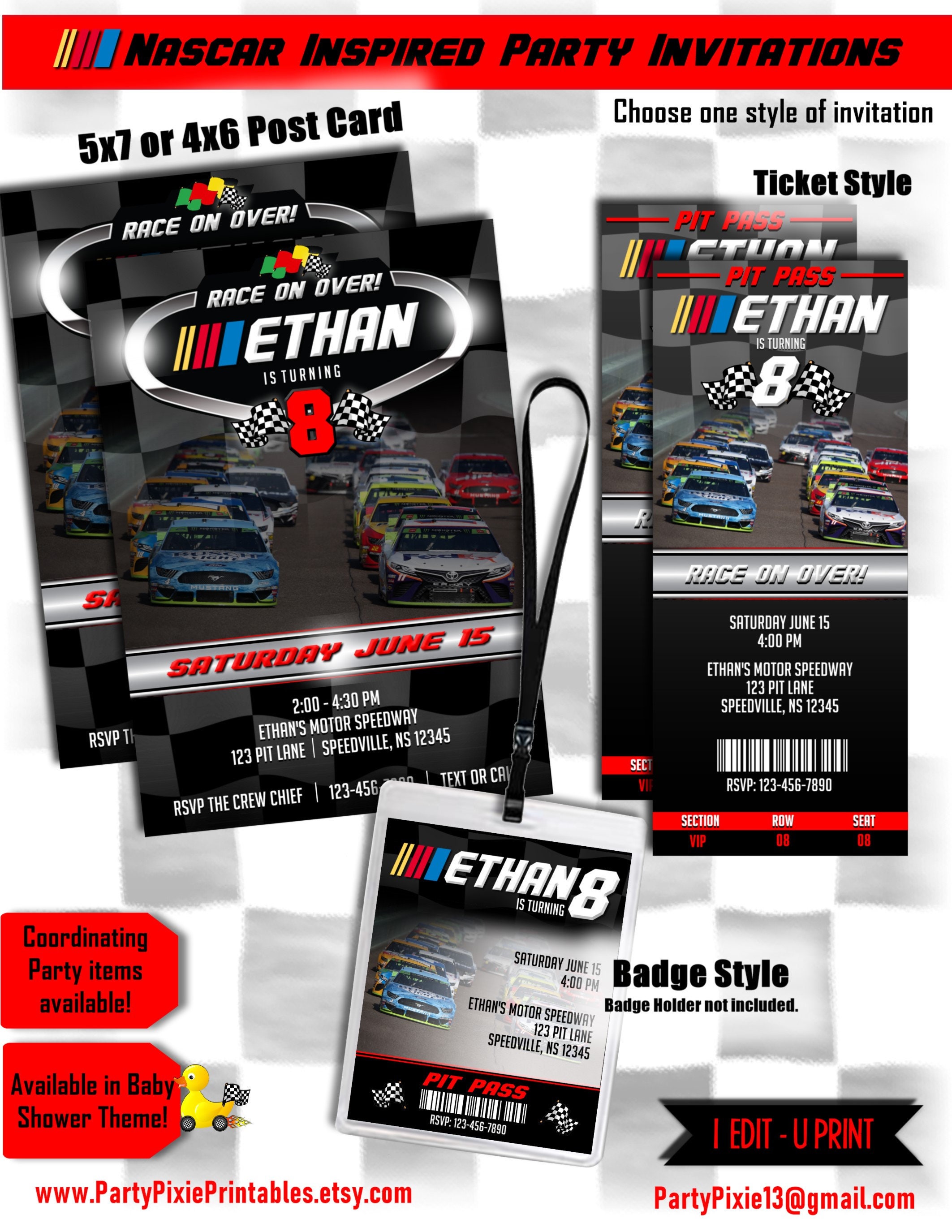 Nascar Inspired Race Car Birthday Invitations 5X7 Card - Etsy Polska