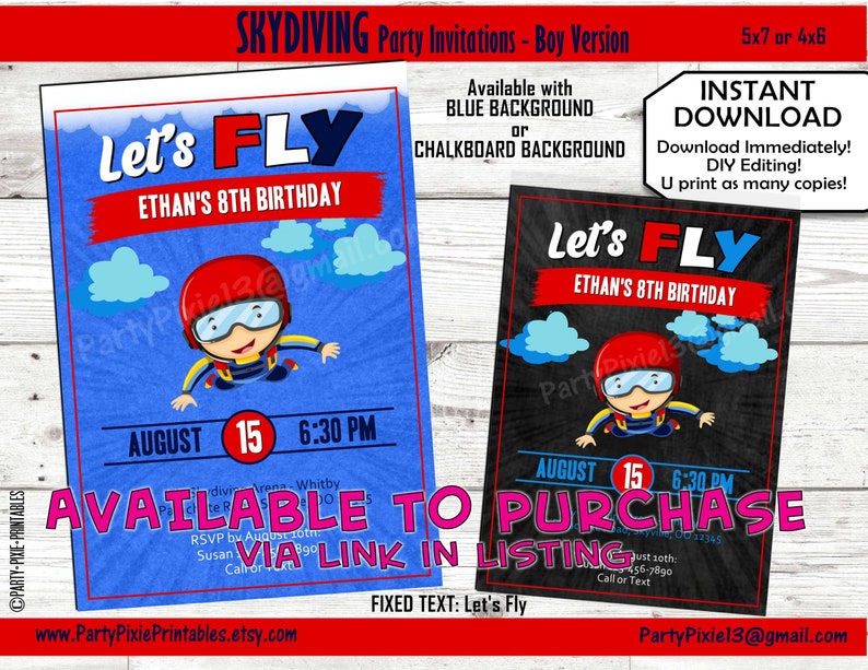 INSTANT DOWNLOAD Skydiving Indoor Outdoor Ifly Party Invitations - Girl ...