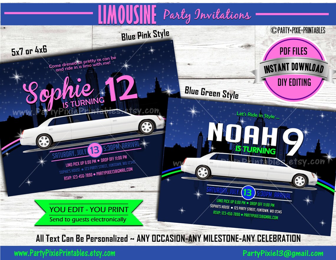 INSTANT DOWNLOAD Limo Party Invitation - 5x7 4x6 DIY Personalized ...