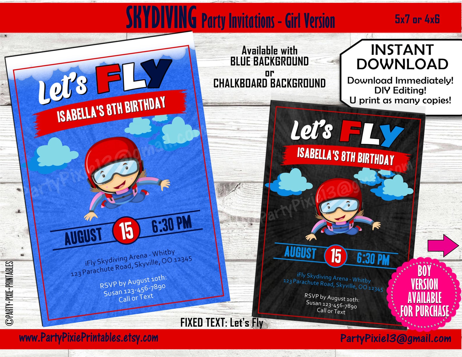 INSTANT DOWNLOAD Skydiving Indoor Outdoor Ifly Party Invitations - Girl ...