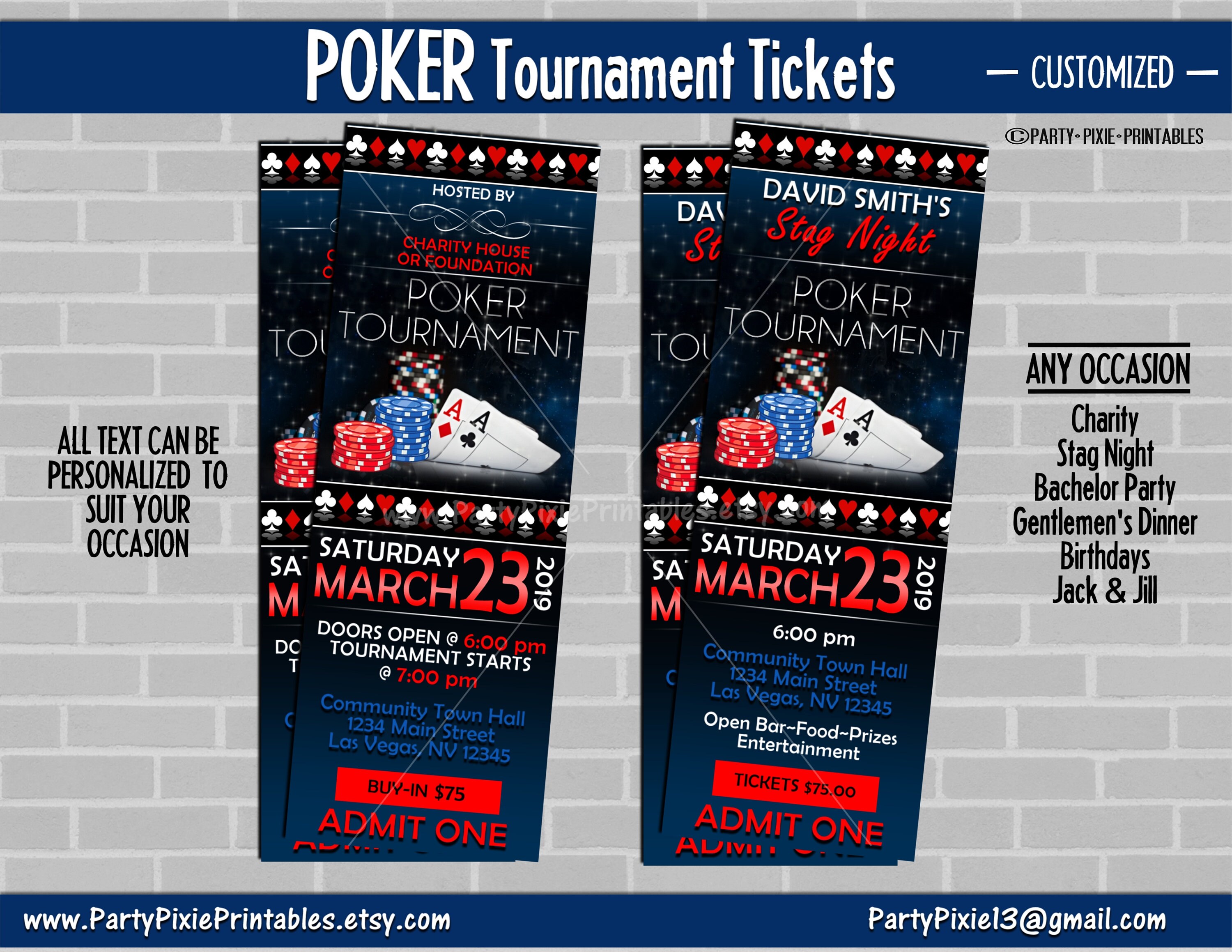 Poker Tournamant Ticket Party Invitations - Charity, Stag, Bachelor ...