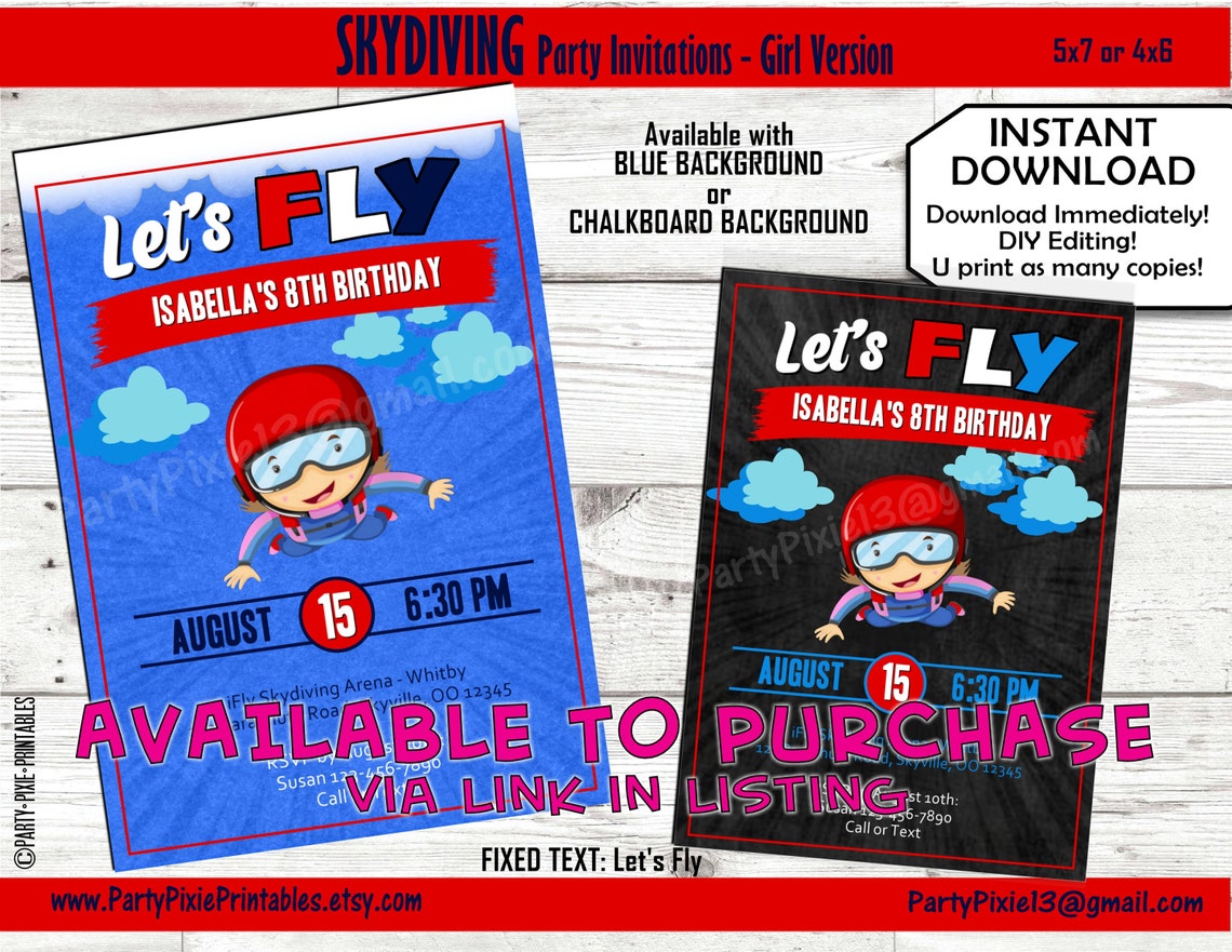 INSTANT DOWNLOAD Skydiving Indoor Outdoor Ifly Party Invitations - Boy ...