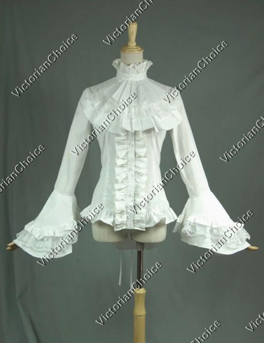 White Victorian Gothic Women Romantic Cotton Blouse Jabot, Georgian ...