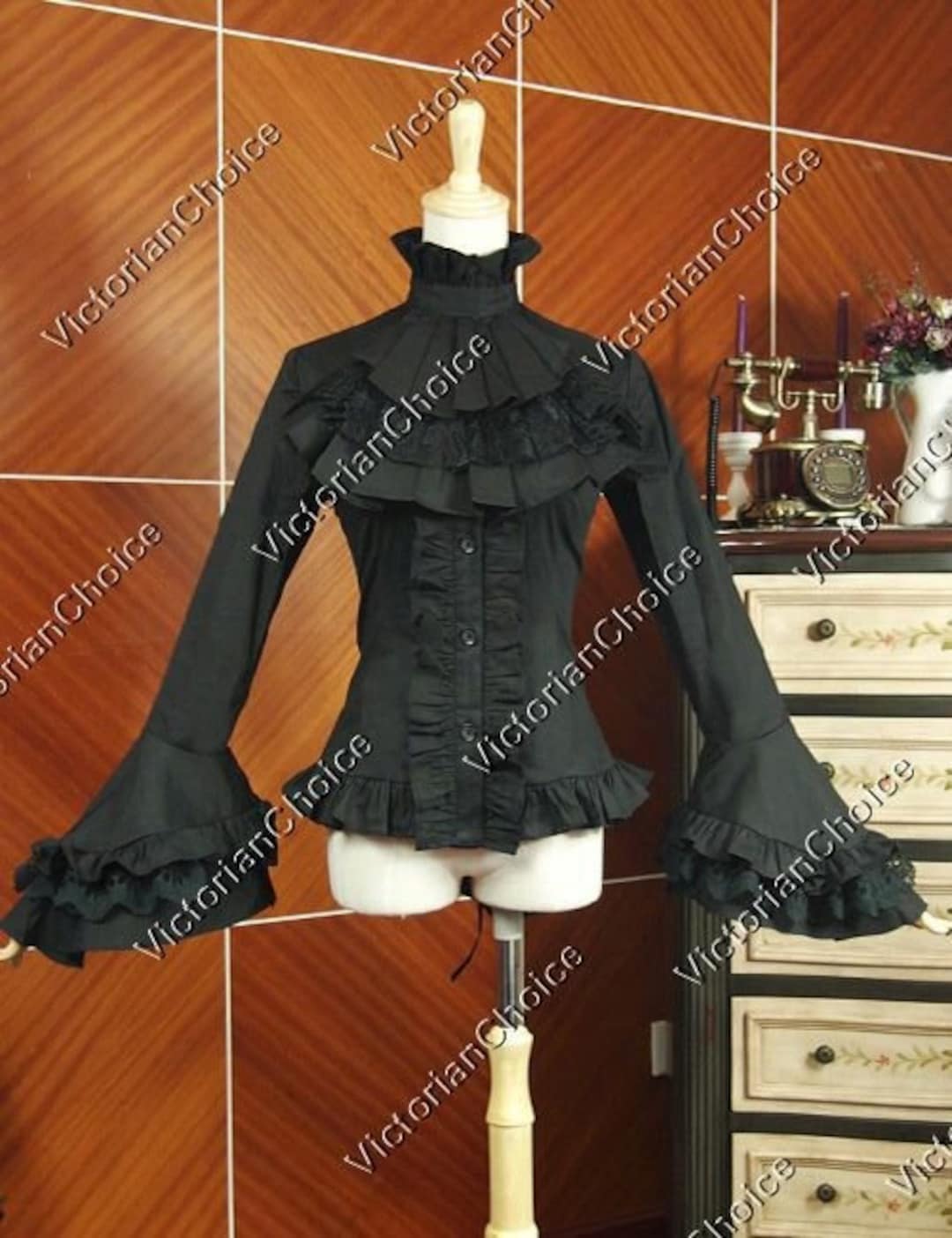 Black Victorian Gothic Women Cotton Blouse Jabot, Georgian Style Jabot Shirt, Steampunk Punk ...