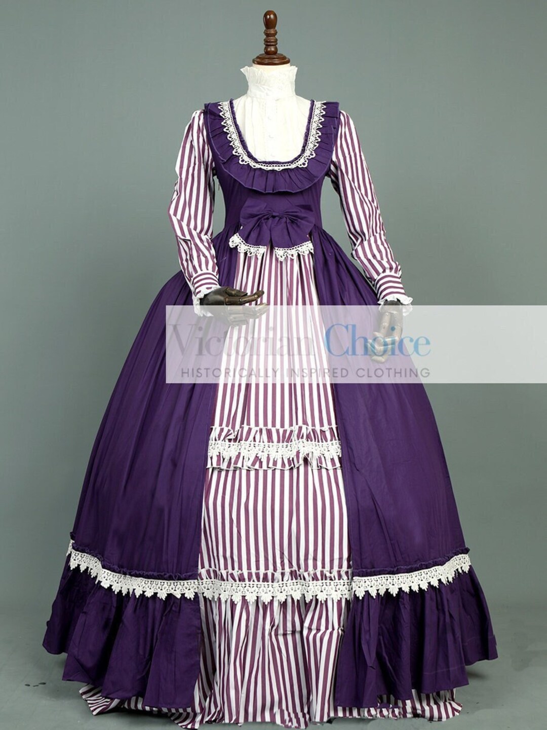Late Victorian 1880s Gothic Cotton High Collar Stripe Dress, Governess ...
