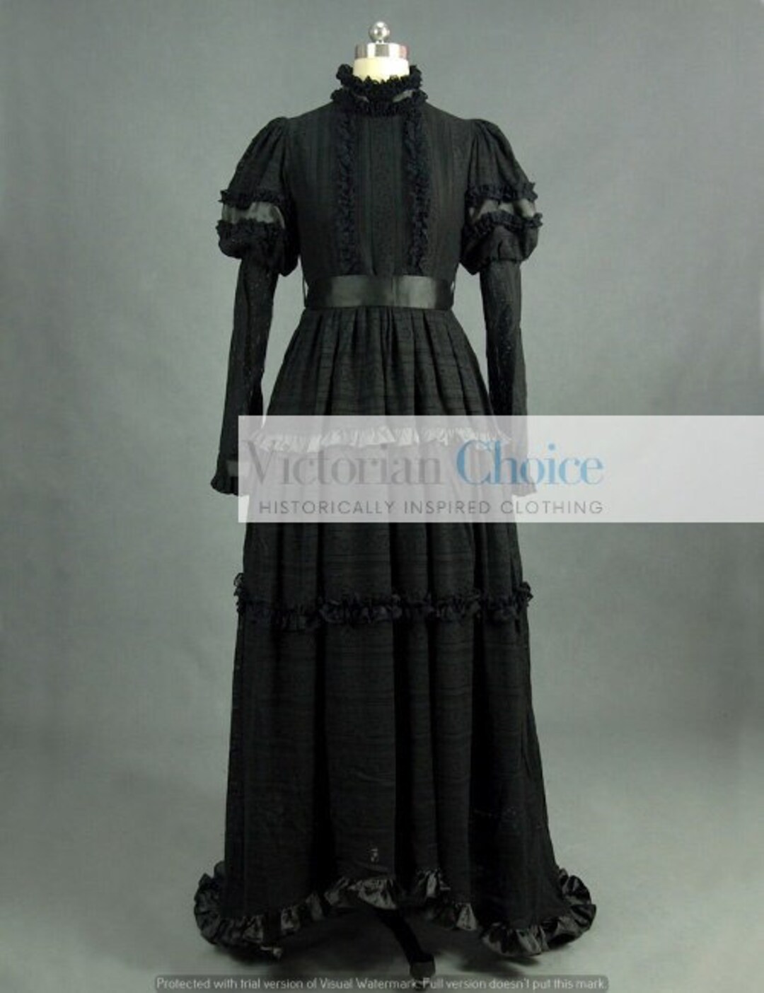 1900s 1910s Black Victorian Edwardian Gothic Cosplay Lace Overlay Dress ...